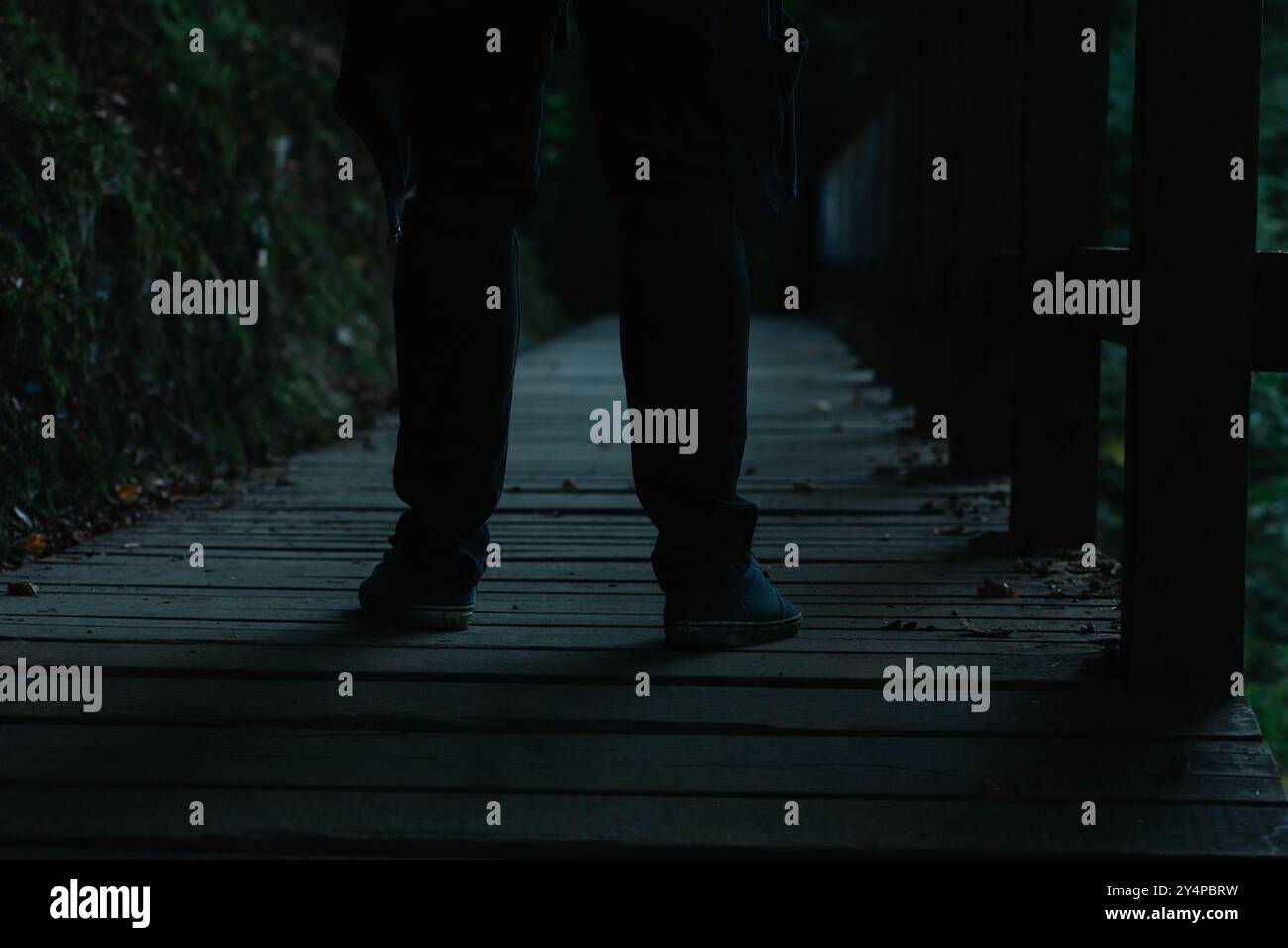 Silhouette of a man walking alone on a dimly lit wooden pathway ...