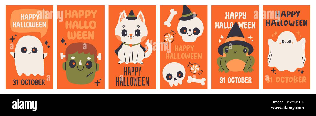 Halloween poster set. Trendy flat style and funny characters. Cute ...