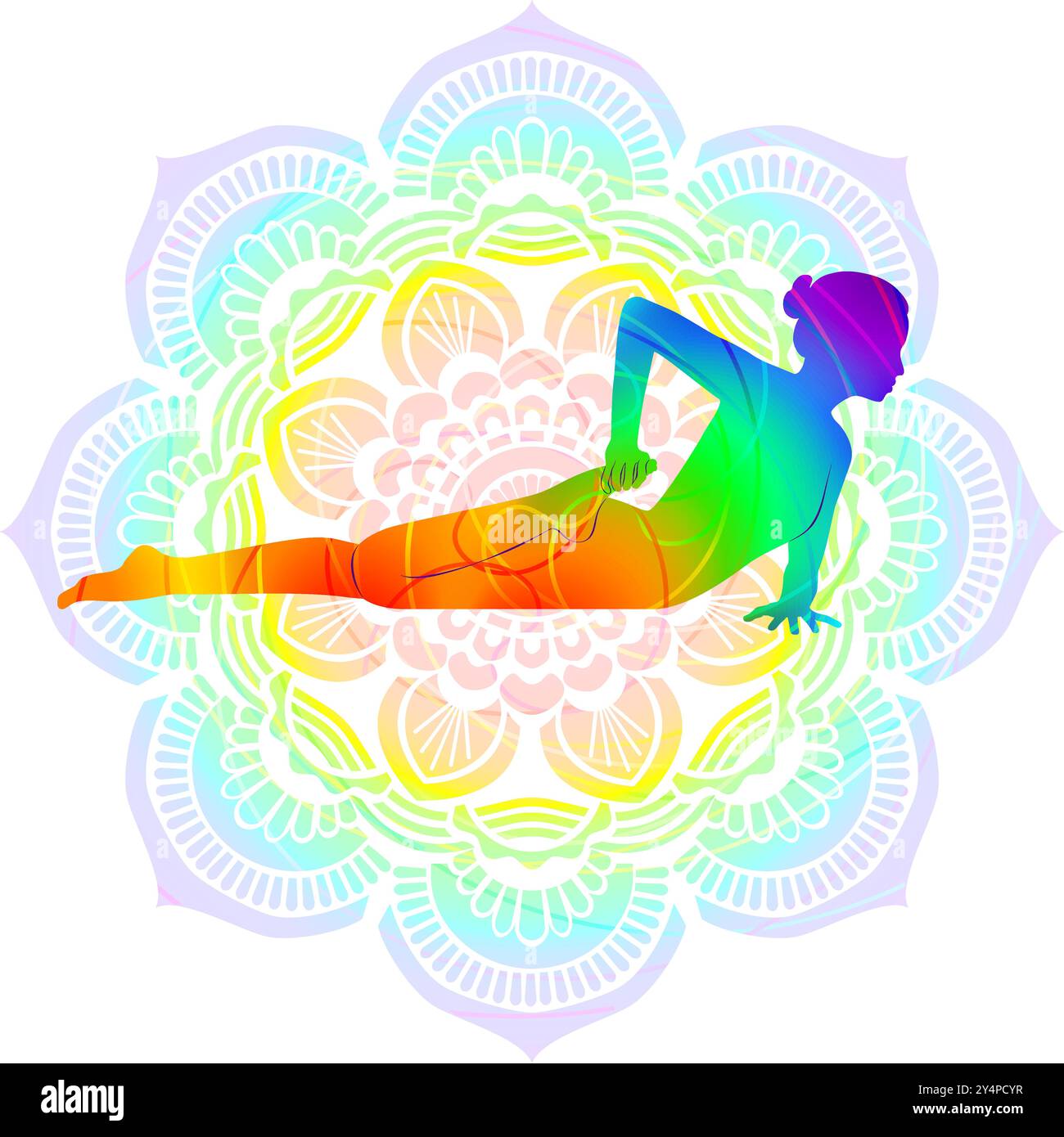Colorful silhouette of woman practicing Ardha Bhekasana yoga pose. Half ...