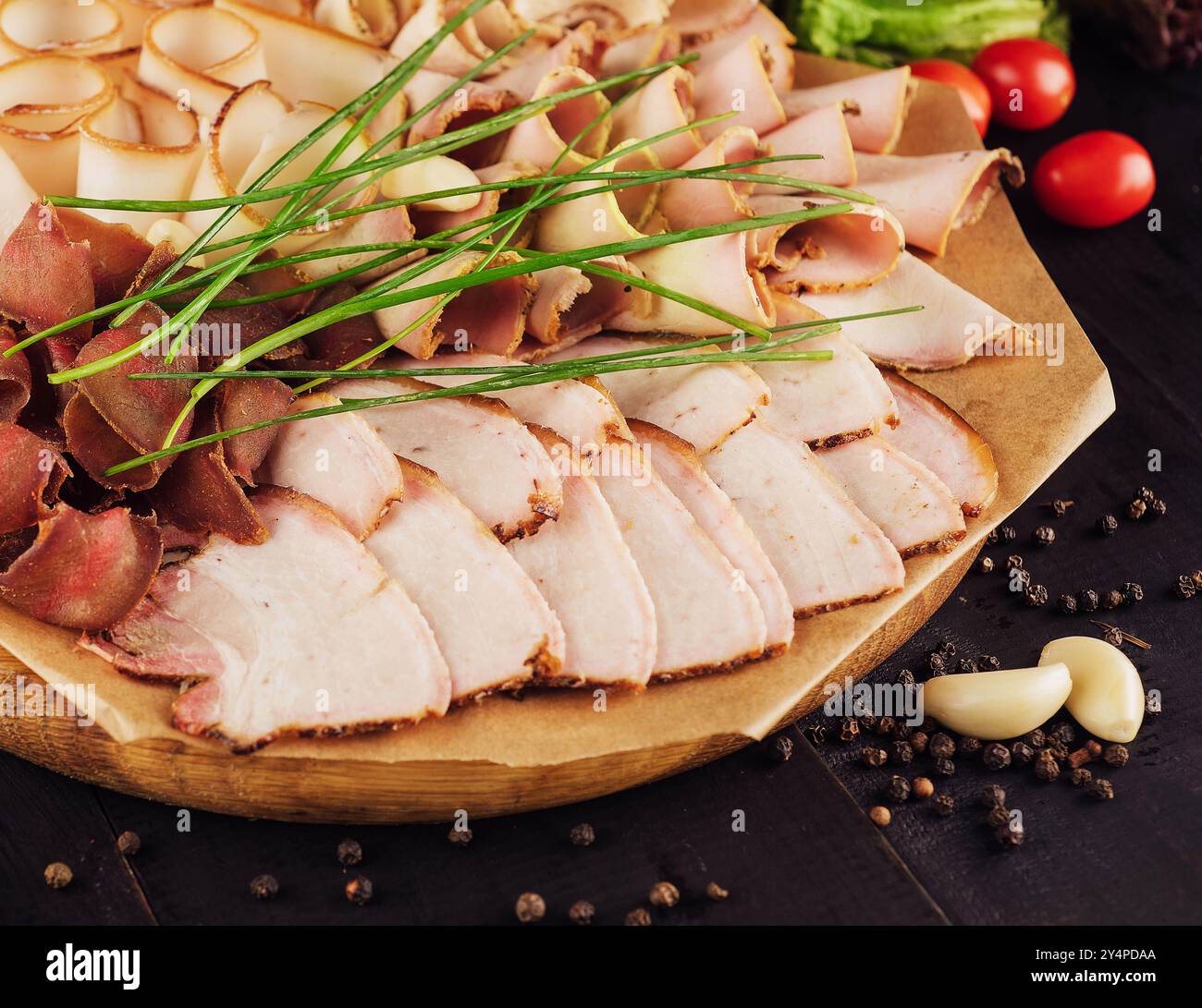 group of smoked Ham, jerky, salted biltong meat and lard Stock Photo ...