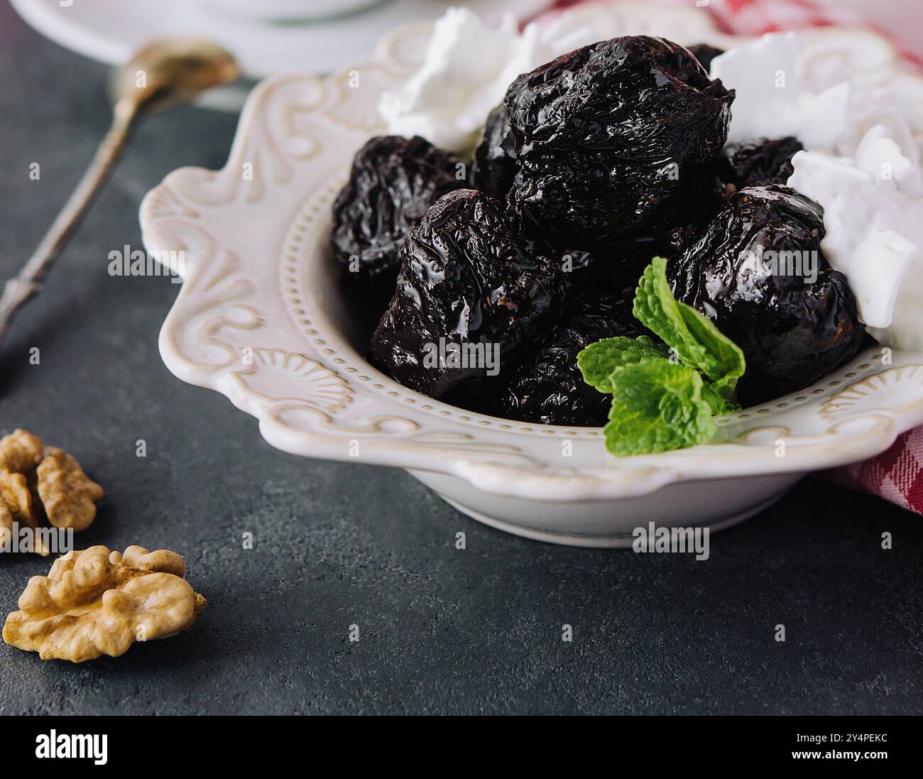 Cup of tea with prunes top view Stock Photo - Alamy
