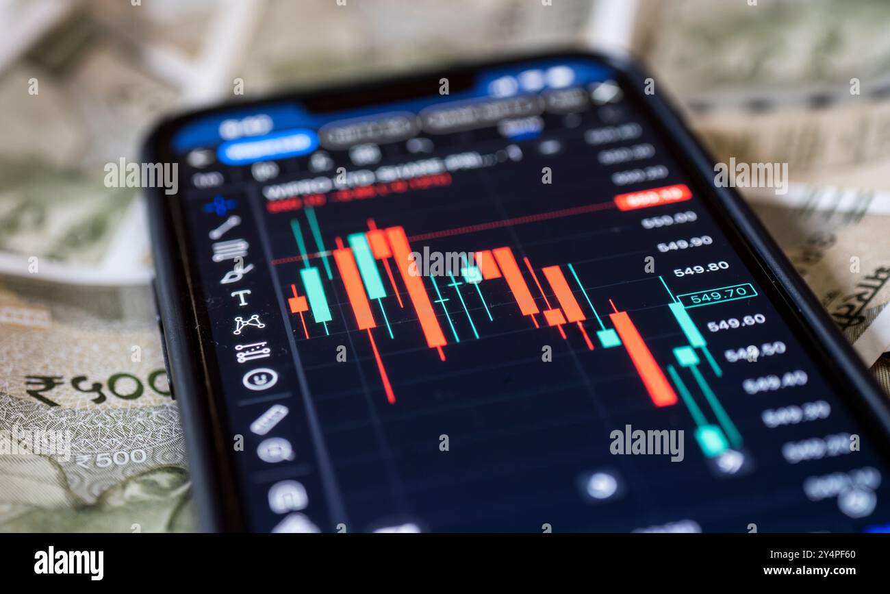 Indian 500 rupee currency bank note against share market chart on a ...