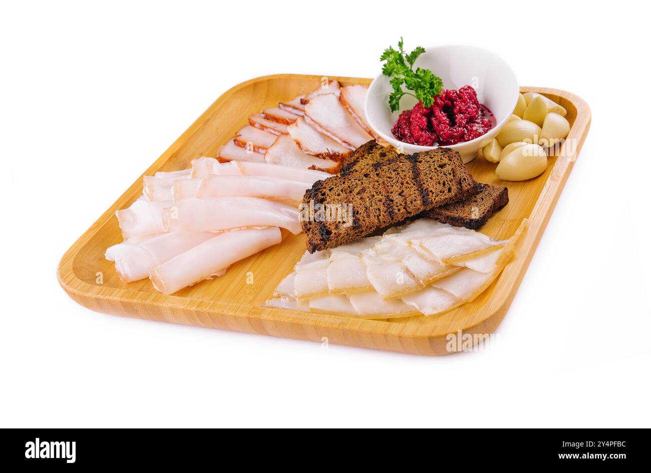 different types of lard with garlic, croutons and horseradish Stock ...