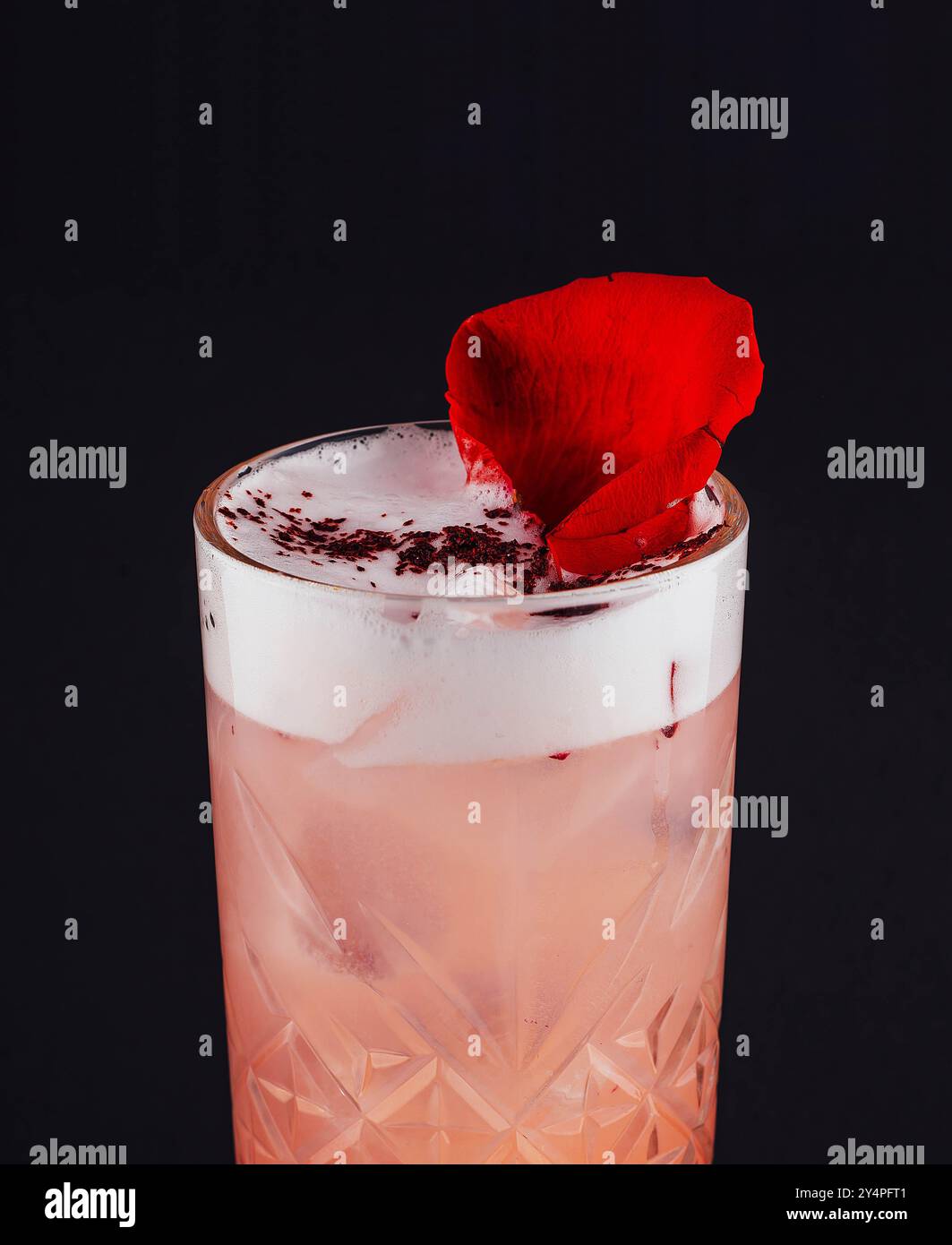 Clover club cocktail drink with raspberry and rose petal Stock Photo ...
