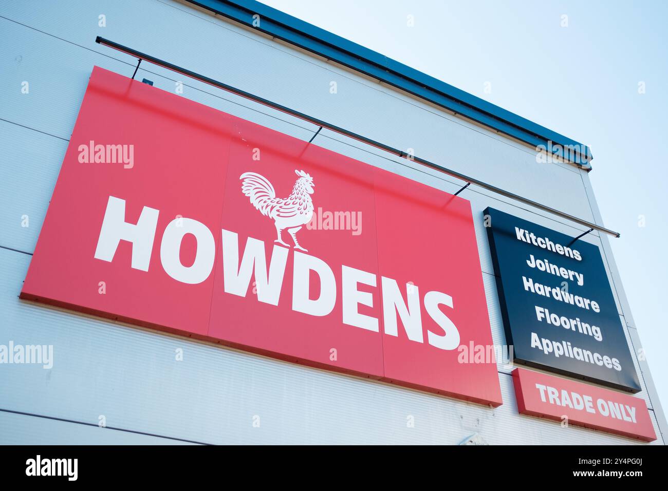 Newcastle UK: 8th July 2024: Howdens sign featuring a rooster logo ...