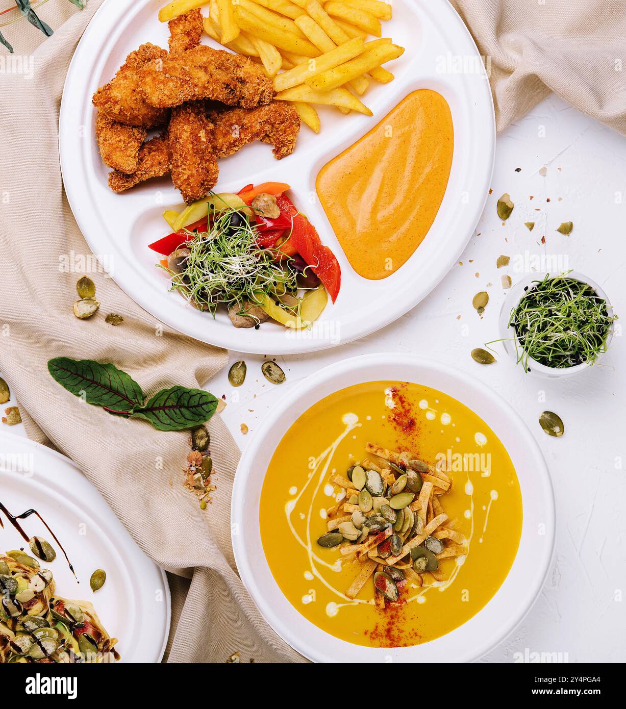 different types of delicious food on top view Stock Photo - Alamy