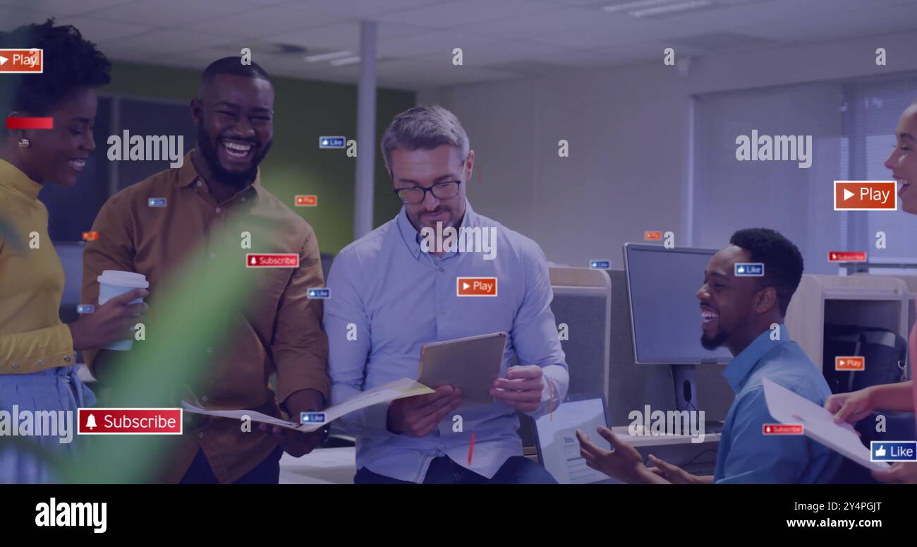 Image of social media icons with texts over diverse colleagues having ...