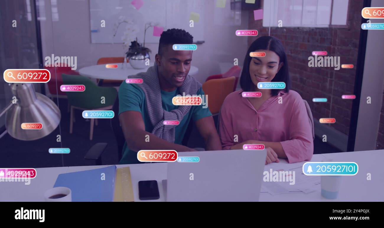 Image of social media icons with numbers over diverse colleagues ...