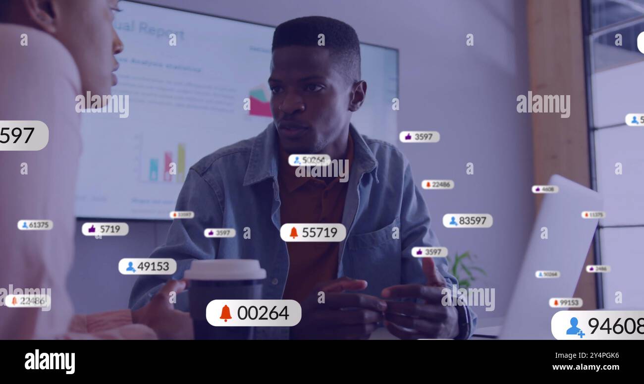 Image of social media icons with numbers over diverse colleagues ...