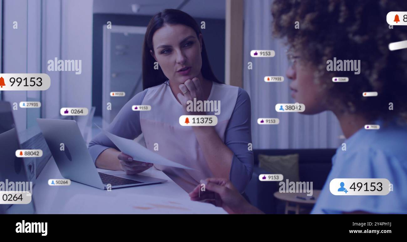 Image of social media icons with numbers over diverse colleagues ...