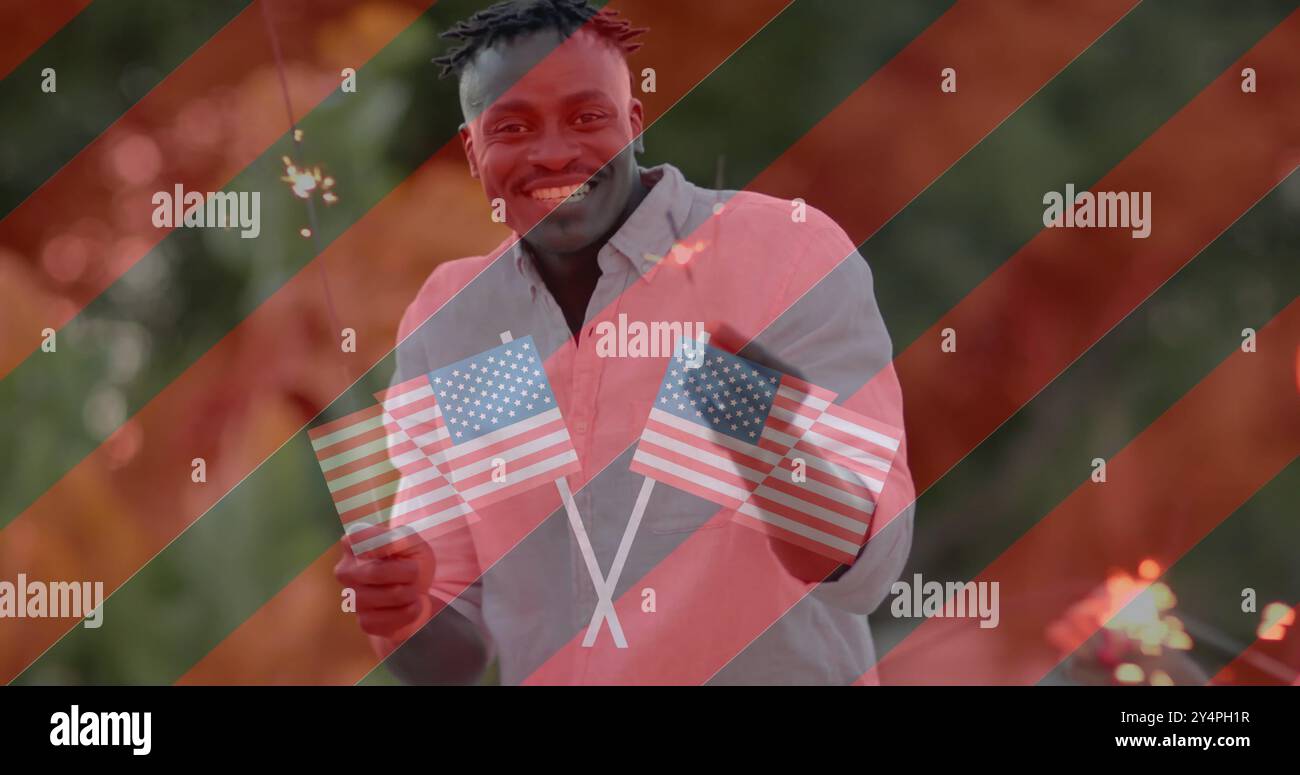 Image of american flags and stripes over happy diverse friends dancing ...