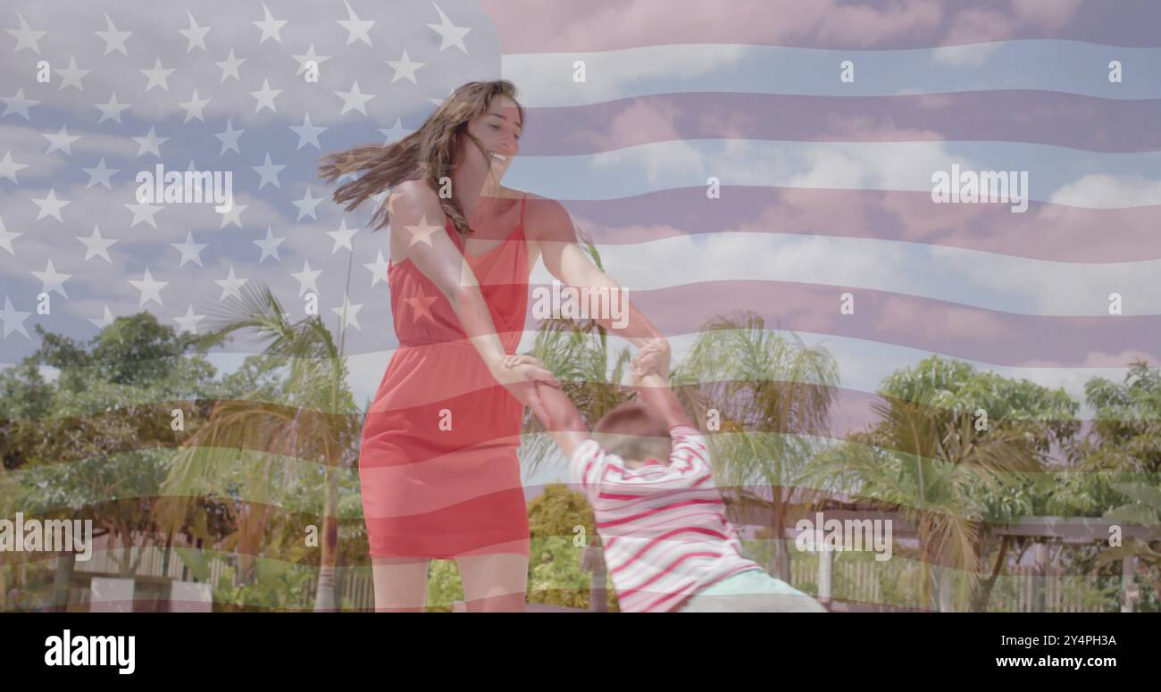 Image of american flag over happy caucasian mother and son dancing by ...