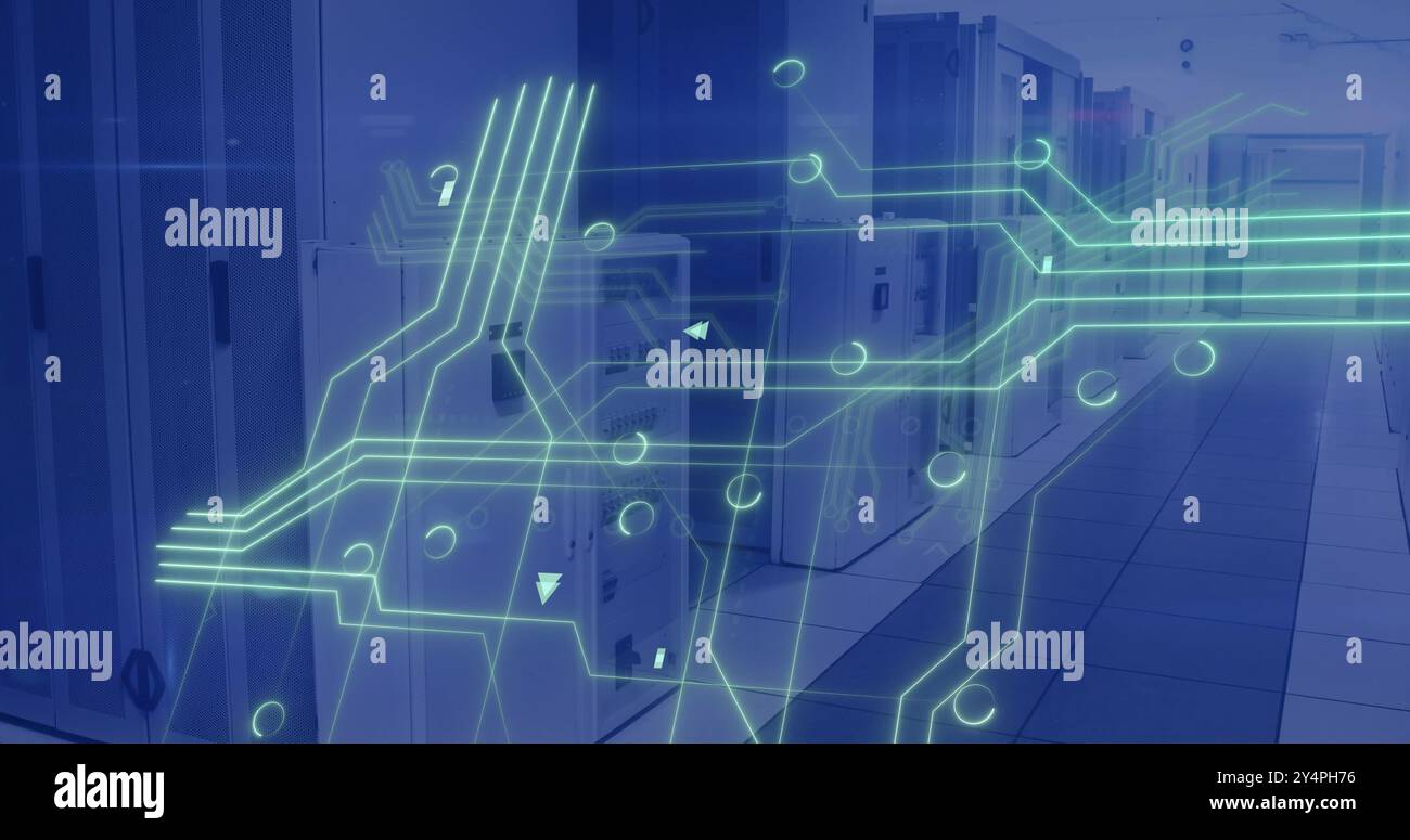 Image of circuit board and data processing over computer servers Stock Photo - Alamy