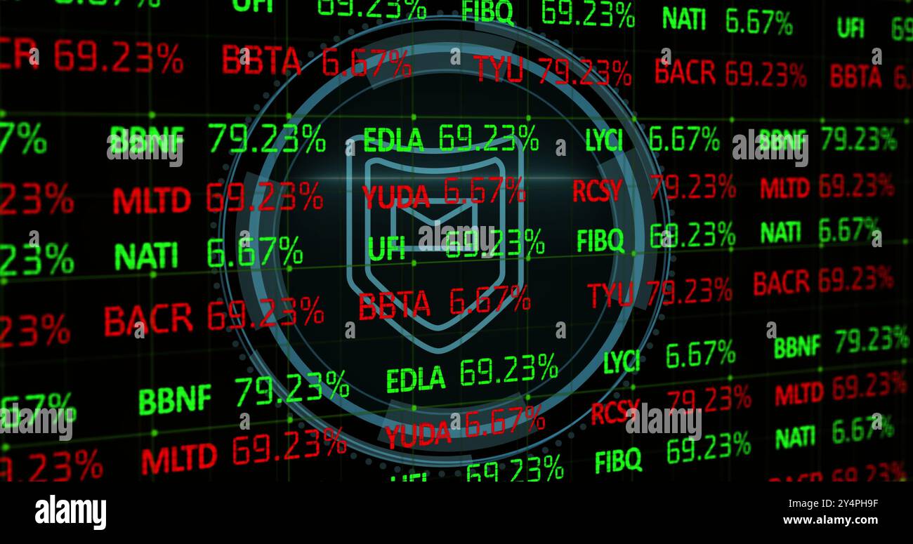 Image of shield and scope scanning over stock market Stock Photo - Alamy