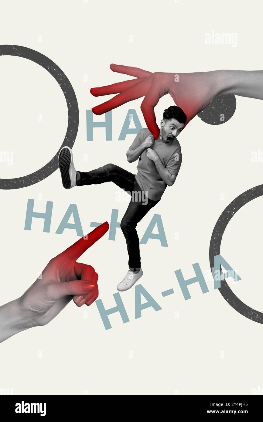 Vertical photo collage of panic scared man hands bullying kidnapping ...