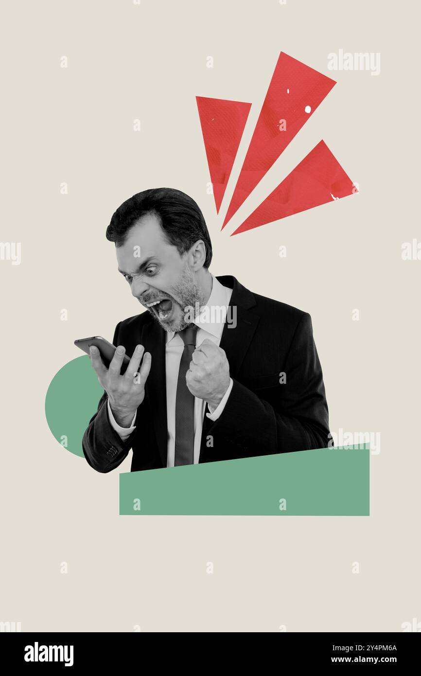 Vertical photo collage of angry man scream phone call center operator ...