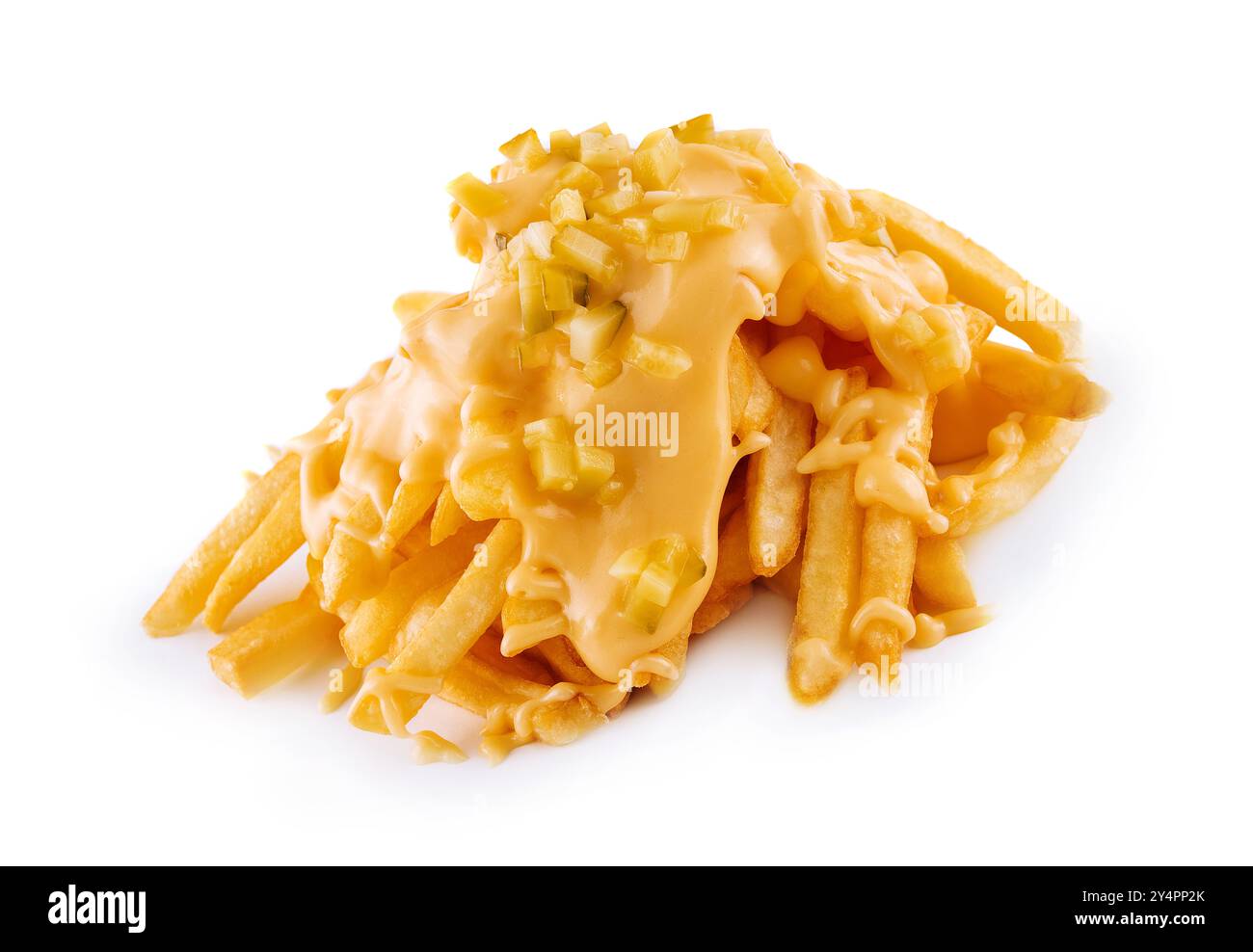 Pouring cheese sauce on french fries on white background Stock Photo ...