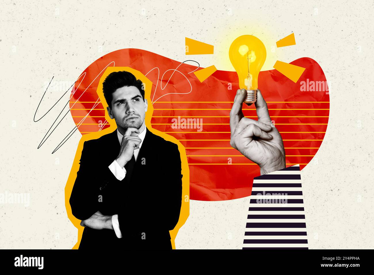 Composite photo collage of minded businessman think strategy light bulb ...