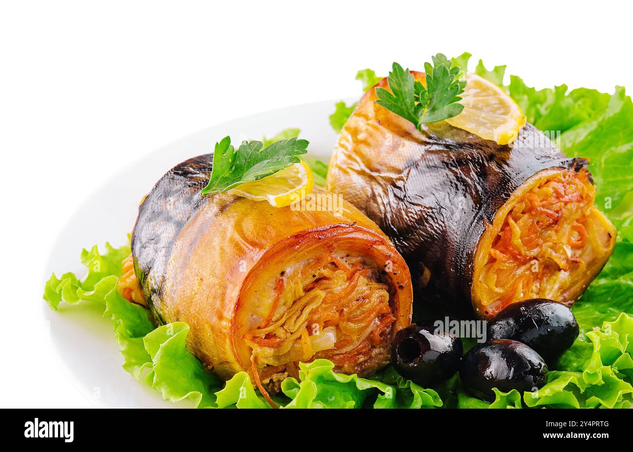 baked fillet of mackerel in rolls with carrots and onions Stock Photo ...