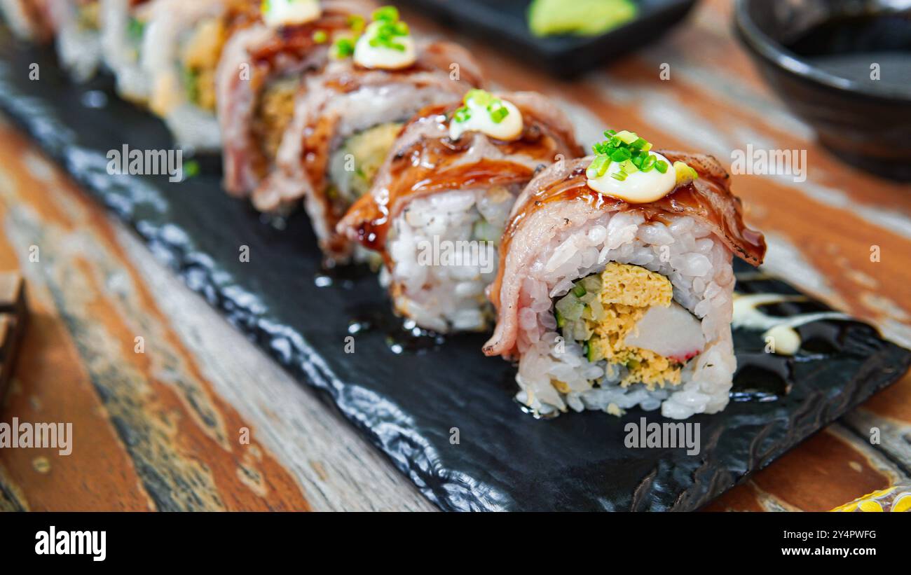wagyu beef sushi On the plate (Japanese style food Stock Photo - Alamy