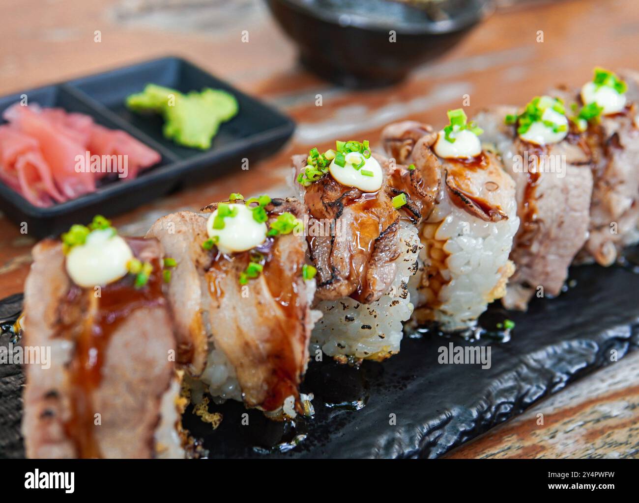 wagyu beef sushi On the plate (Japanese style food Stock Photo - Alamy