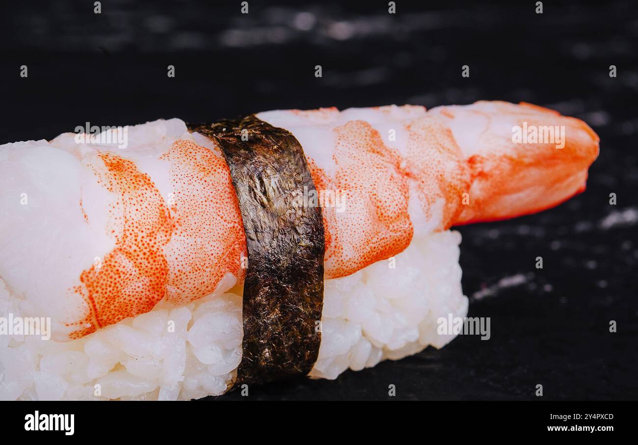 Japanese Nigiri Ebi sushi with black tiger shrimp and rice Stock Photo ...