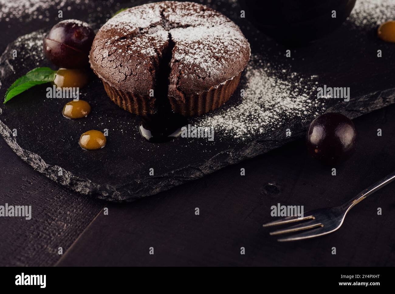 Delicious molten chocolate lava cake with vanilla ice cream Stock Photo ...