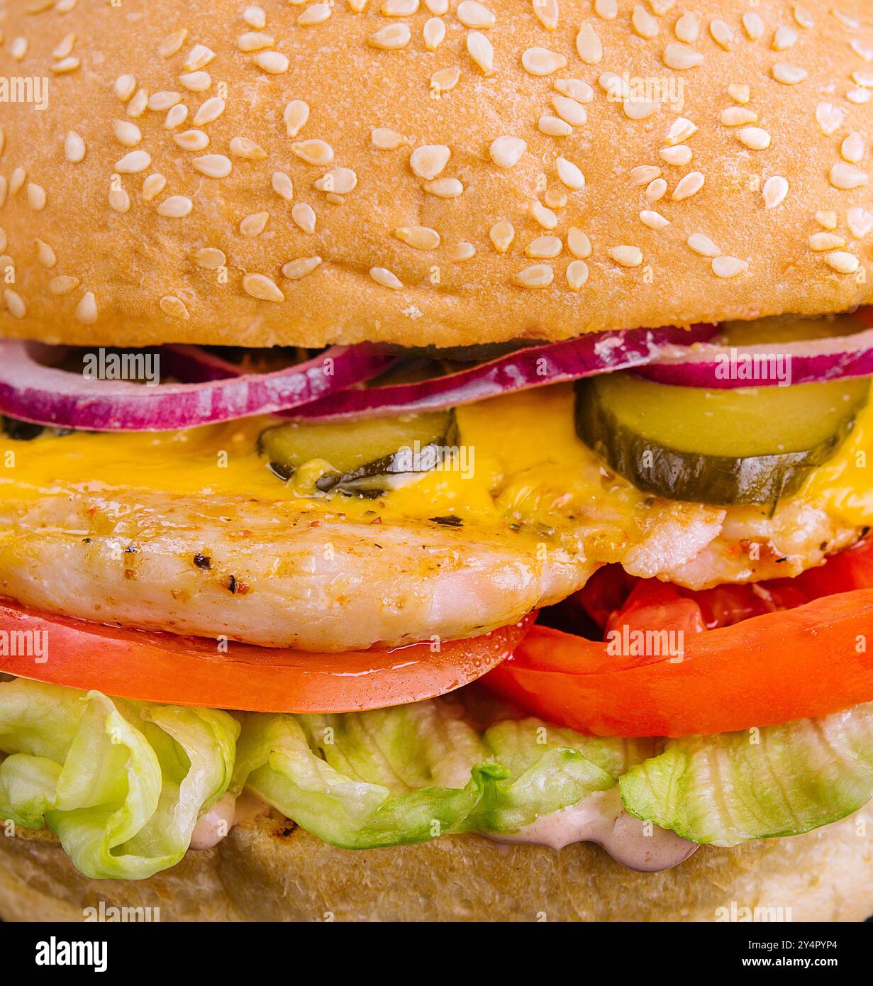 Chicken burger close up or macro Stock Photo - Alamy