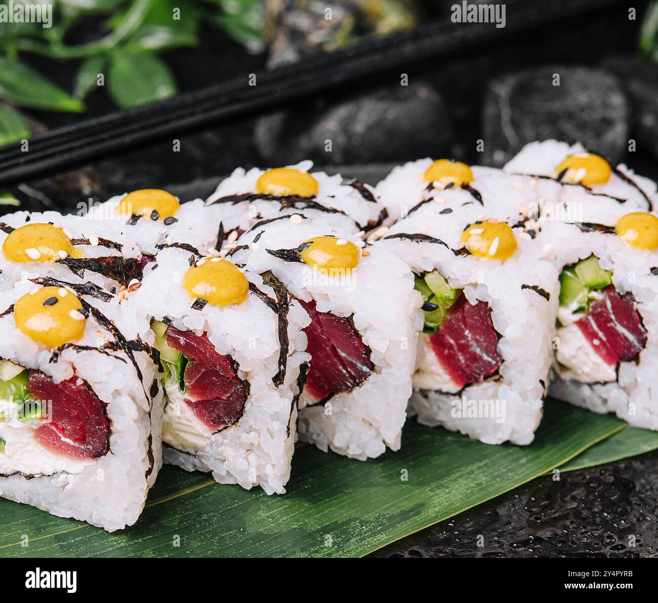 Spicy tuna maki rolls on plate Stock Photo - Alamy