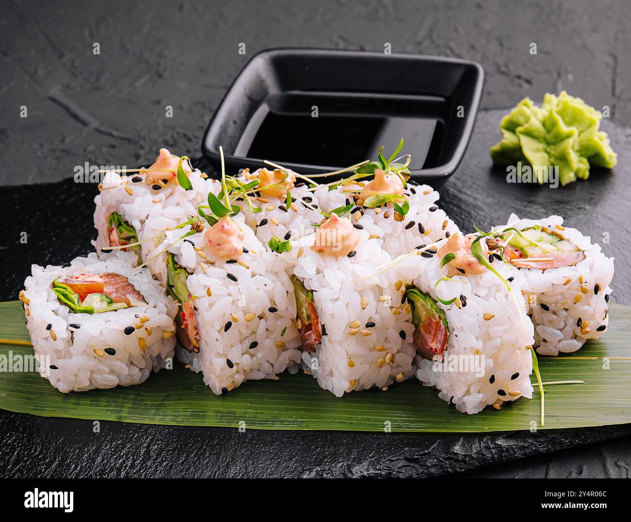 traditional japanese dish rolls with cucumbers and red salmon and ...