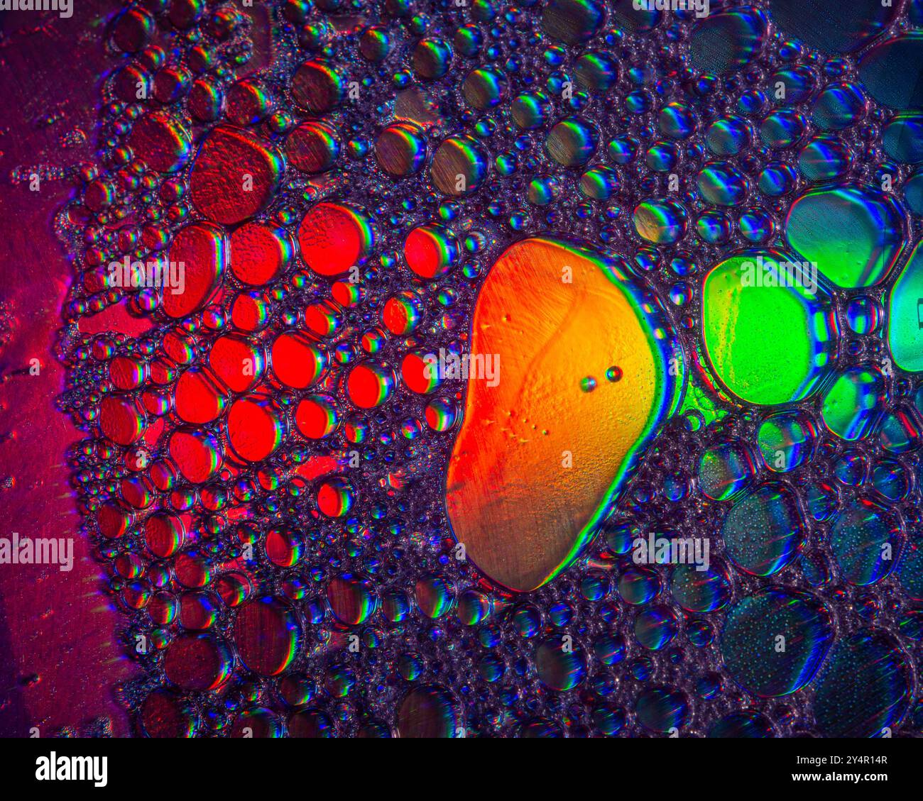 A macro shot showing patterns and colours of oil drops floating on ...