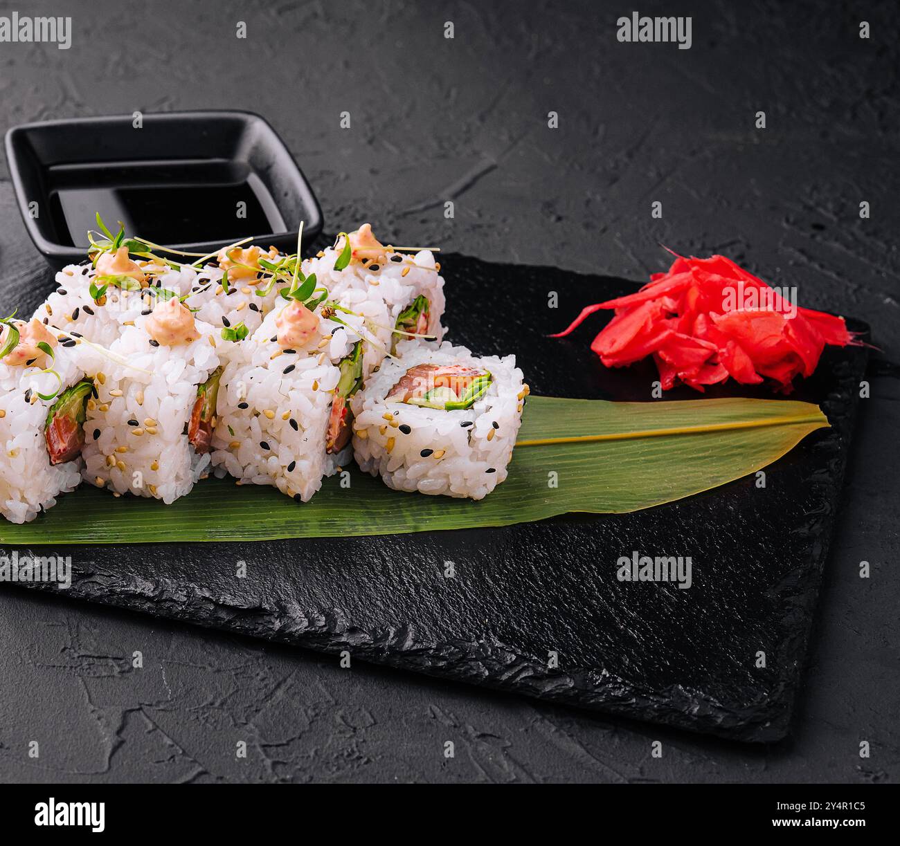 traditional japanese dish rolls with cucumbers and red salmon and ...