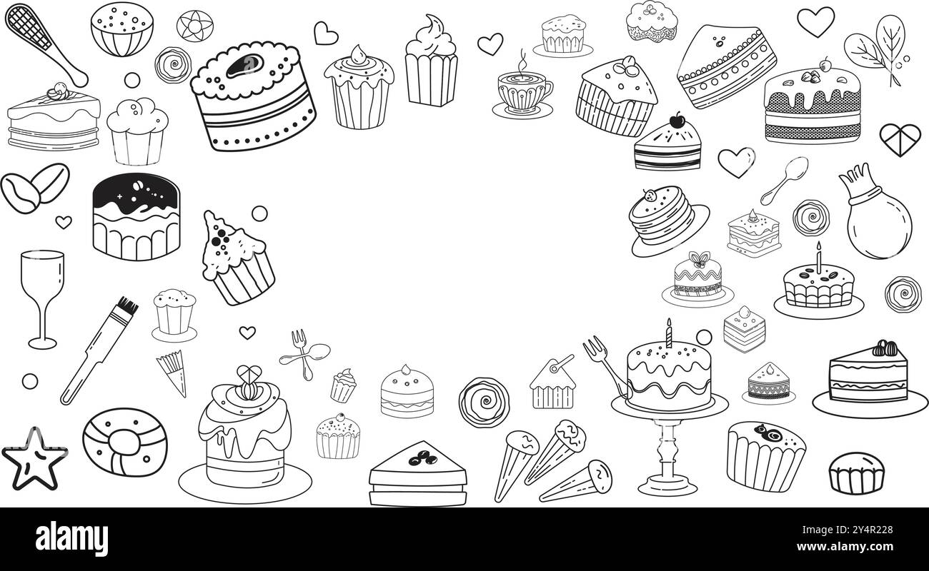 Line art vector design with cute doodles of cakes cupcakes Stock Vector Image & Art - Alamy