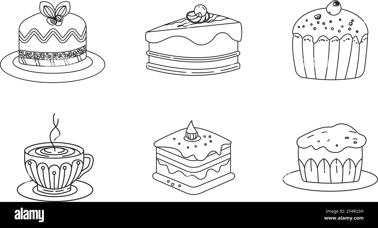 Line art vector design with cute doodles of cakes cupcakes Stock Vector Image & Art - Alamy