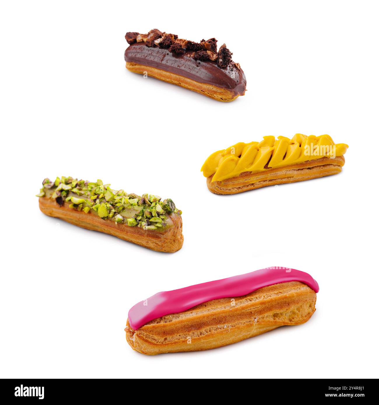 assorted delicious French eclairs on a white background Stock Photo - Alamy