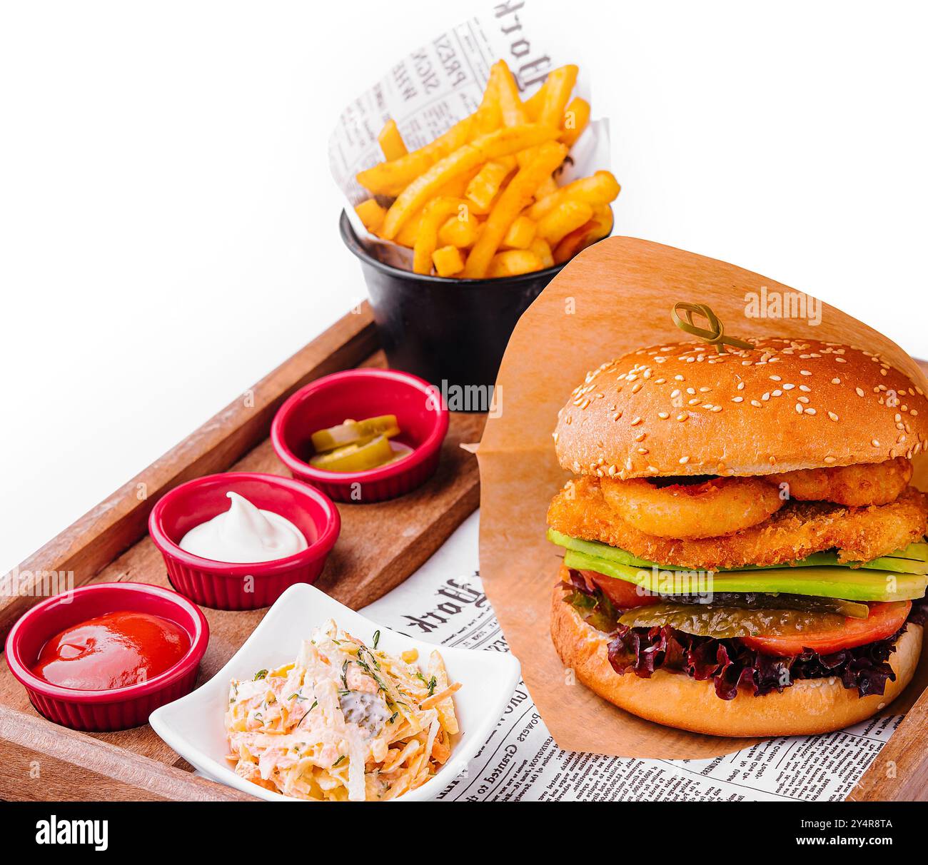 Gourmet seafood codfish burger with fish fillets dressed Stock Photo ...