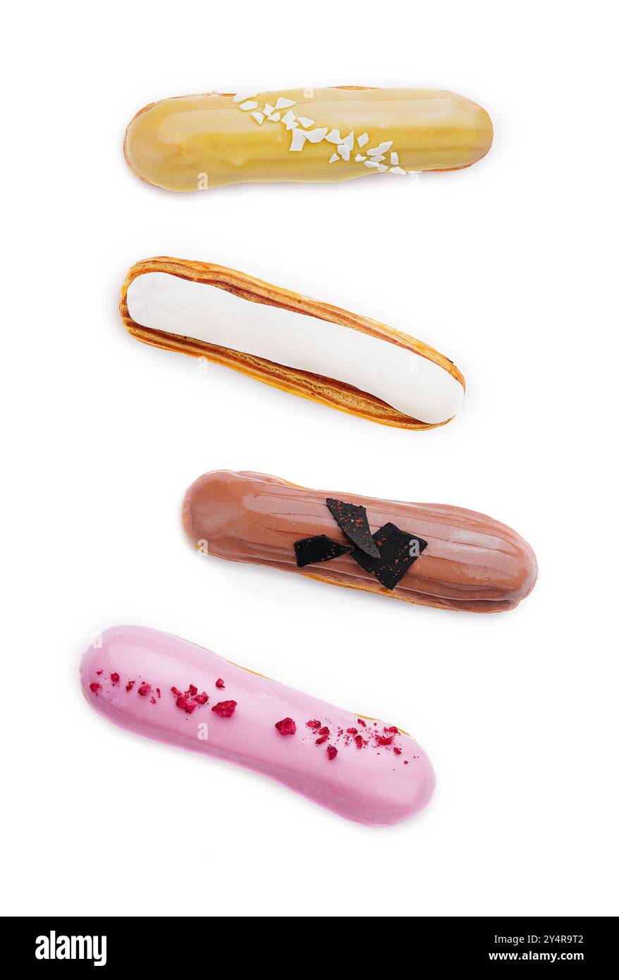 different types of eclairs with different glazes isolated on white ...