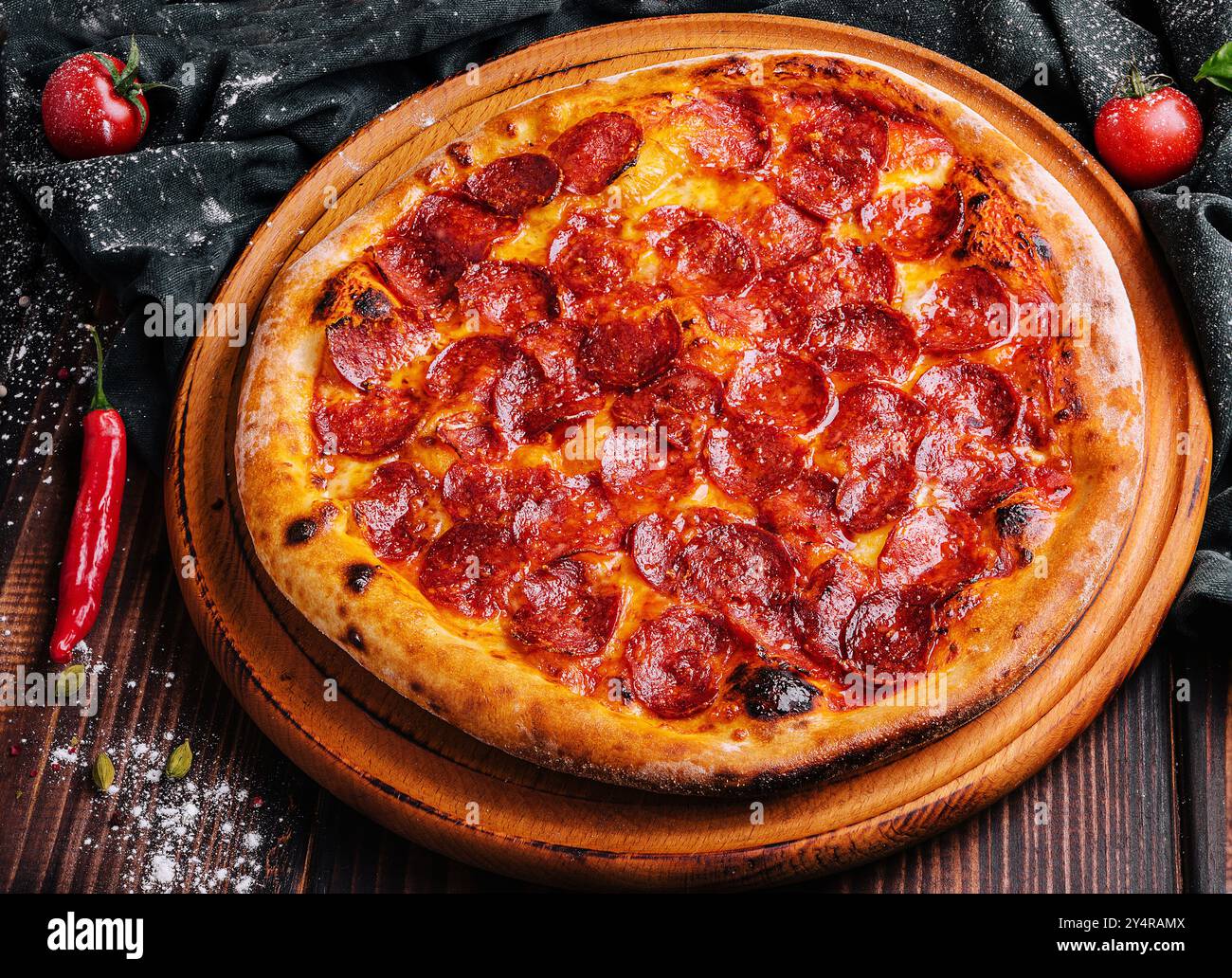 delicious pepperoni pizza on top view Stock Photo - Alamy