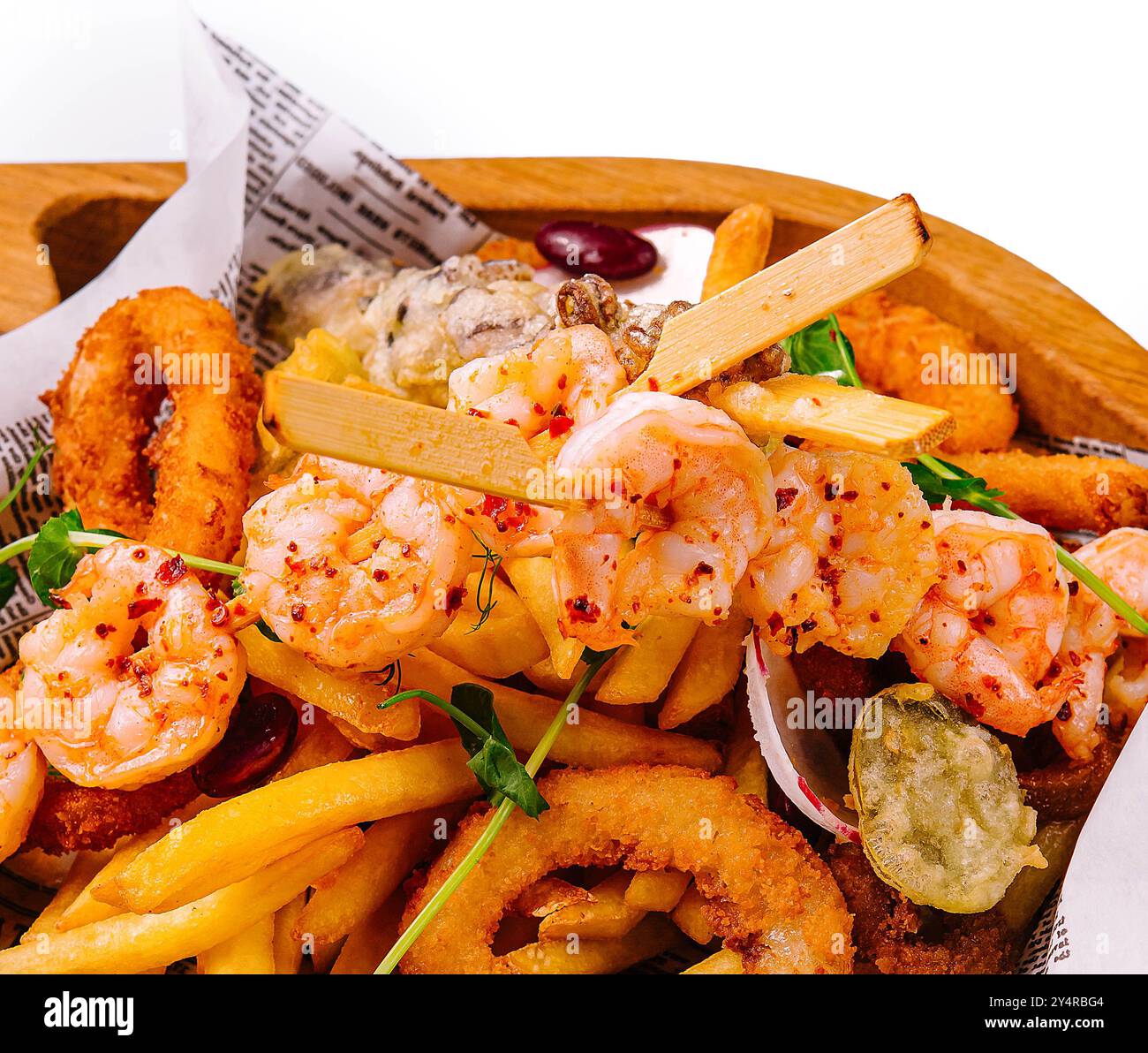 fried seafood plate on wooden tray Stock Photo - Alamy