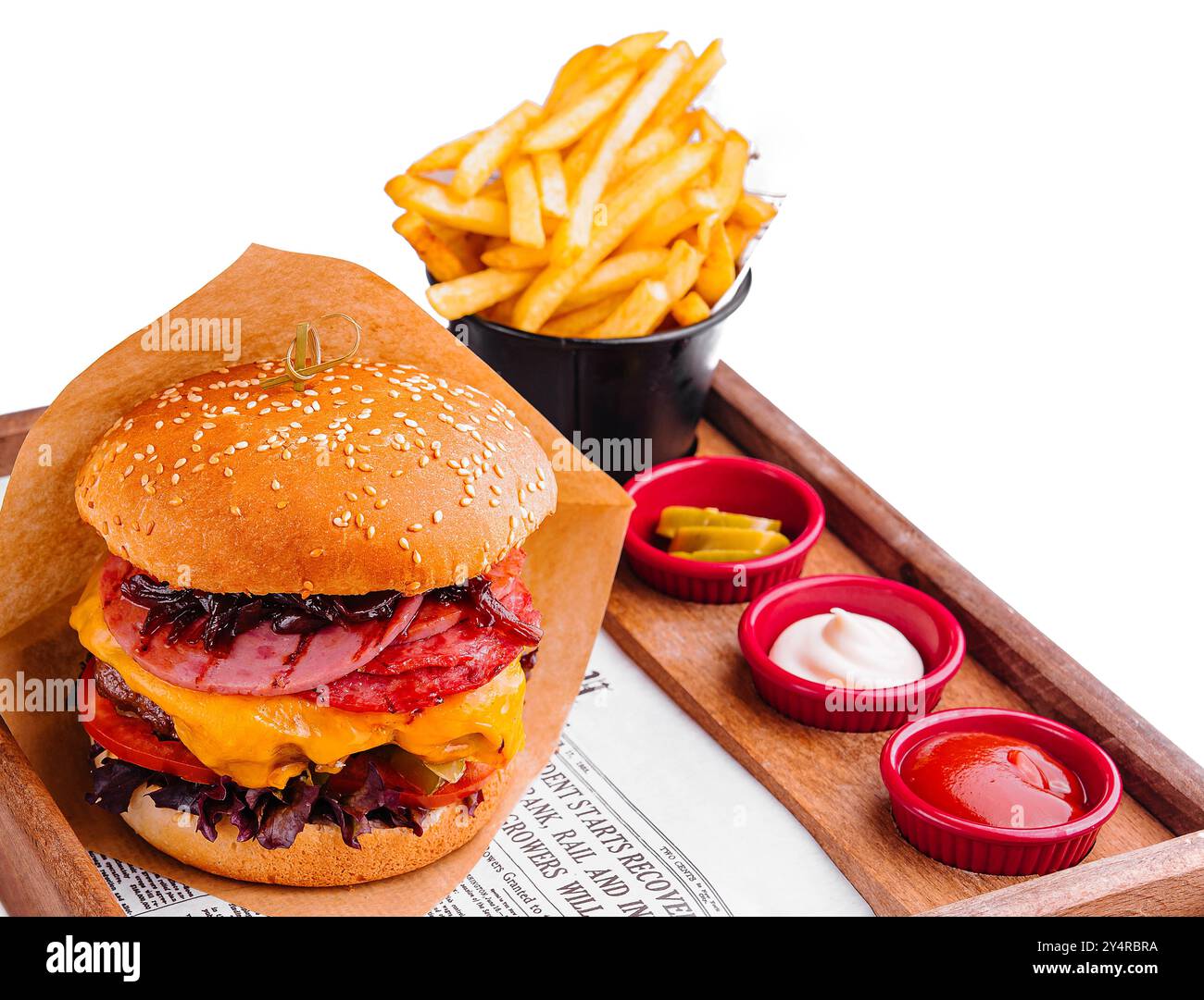 burger with different types of sausages and fries Stock Photo - Alamy