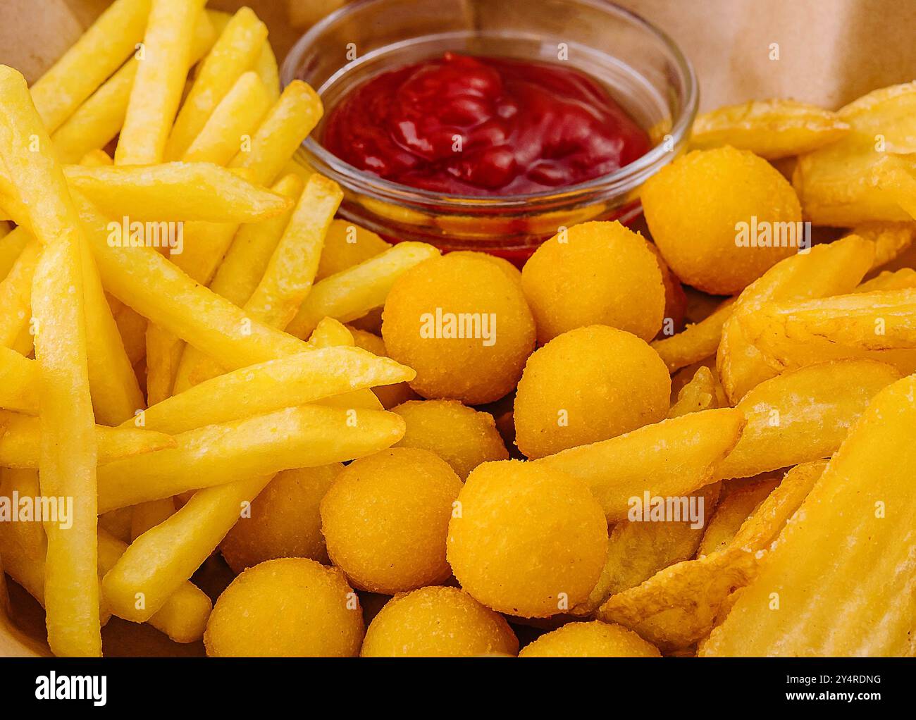 Different types of fried potatoes, such as french fries, roast potatoes ...