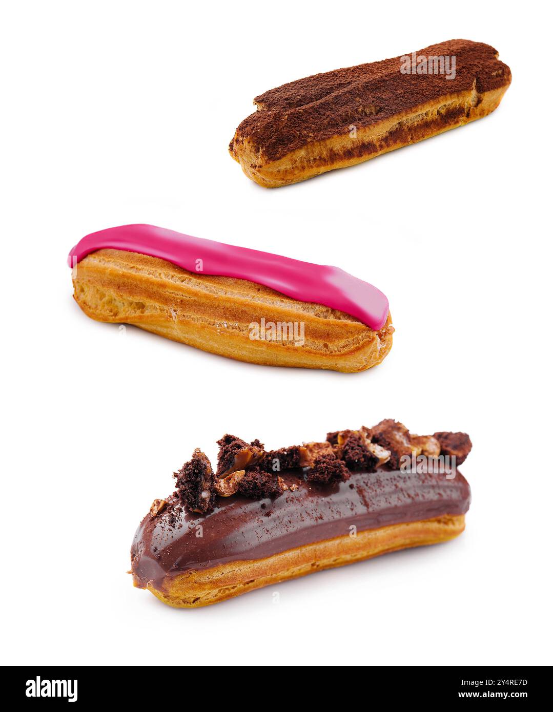 different types of French eclairs on a white background Stock Photo - Alamy