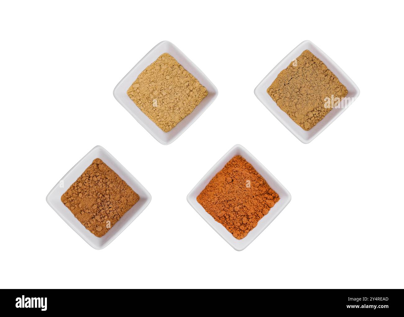 Various Indian Spices in Small White Bowls on white background Stock ...