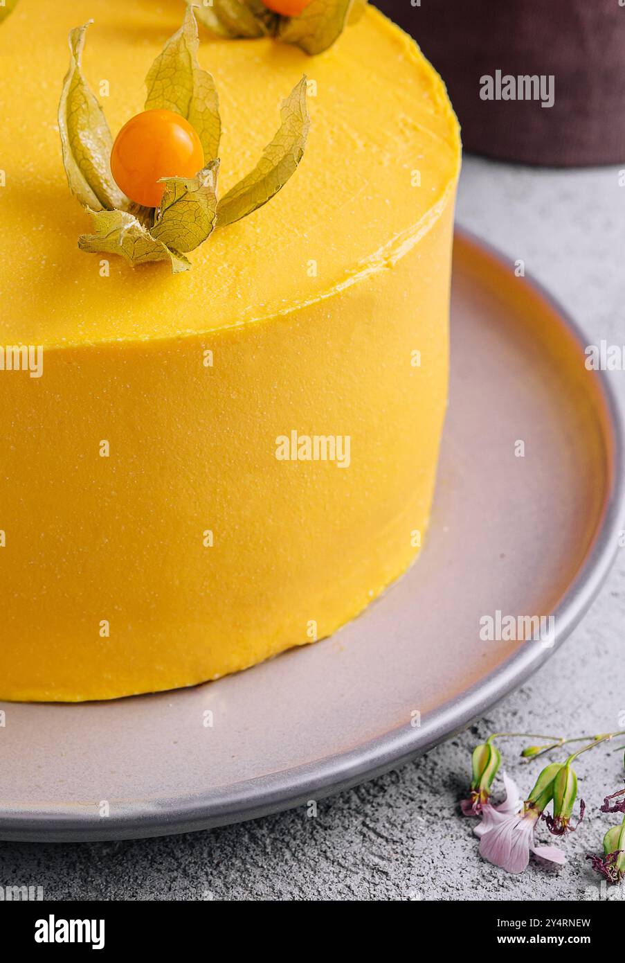 Tasty mango mousse cake on plate Stock Photo - Alamy