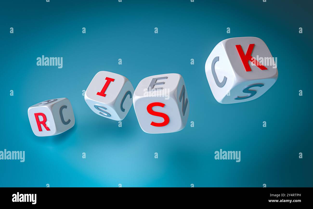 White dice are forming the word risks while falling on a blue ...