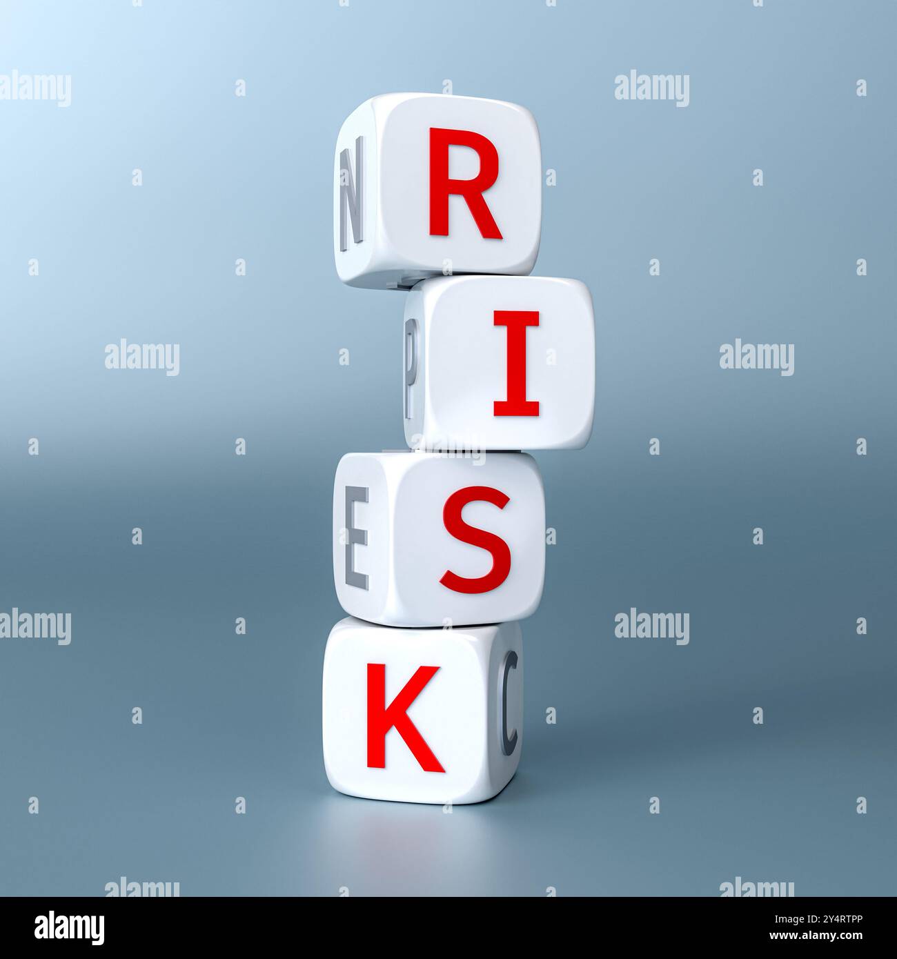Toy dice forming word risk concept balancing blue background 3d Stock ...