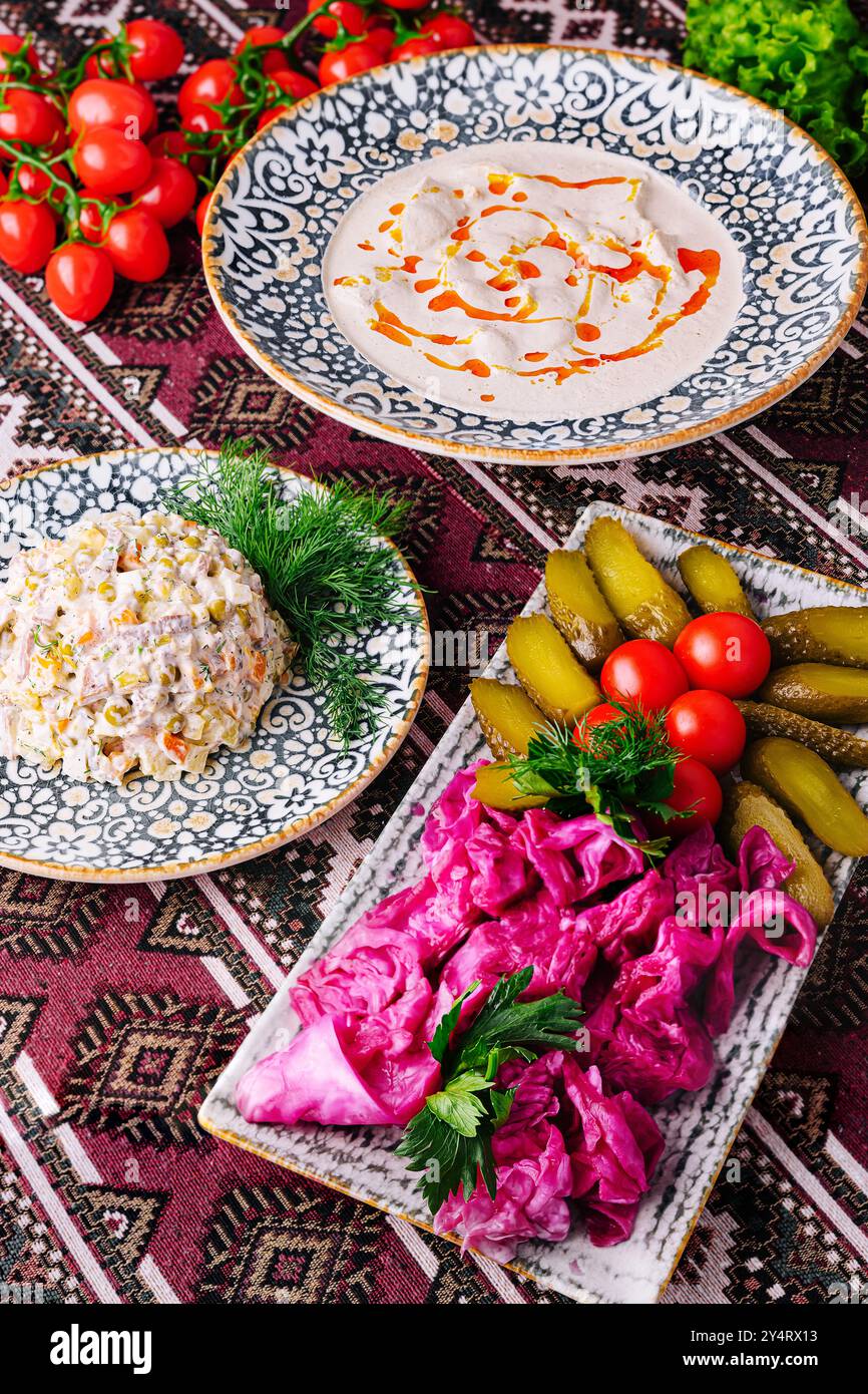 Vibrant display of slavic dishes featuring pickles, cabbage, and ...