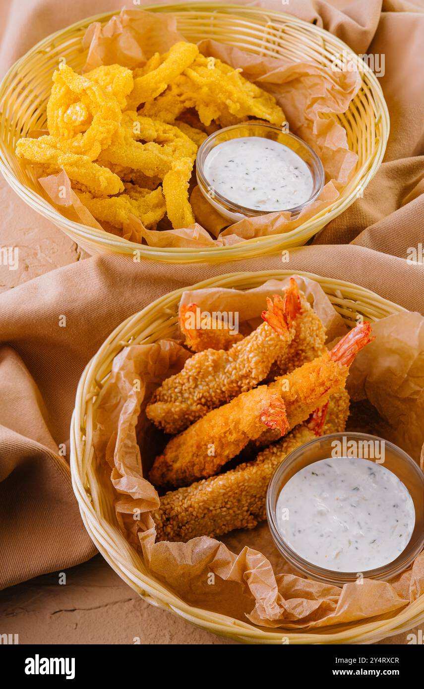 Delectable arrangement of crispy fried shrimp with tartar sauce and ...