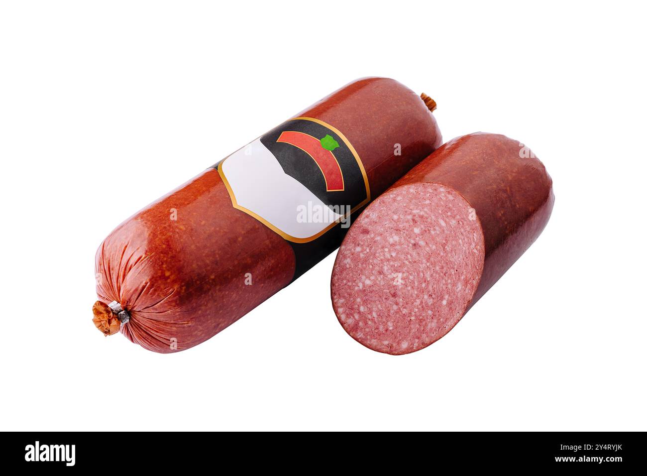 Whole and cut salami sausage with label isolated on a white background ...