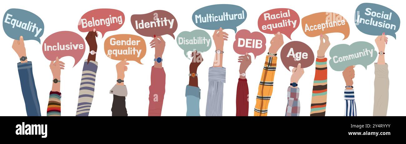 Isolated raised hands of people from diverse cultures holding speech ...
